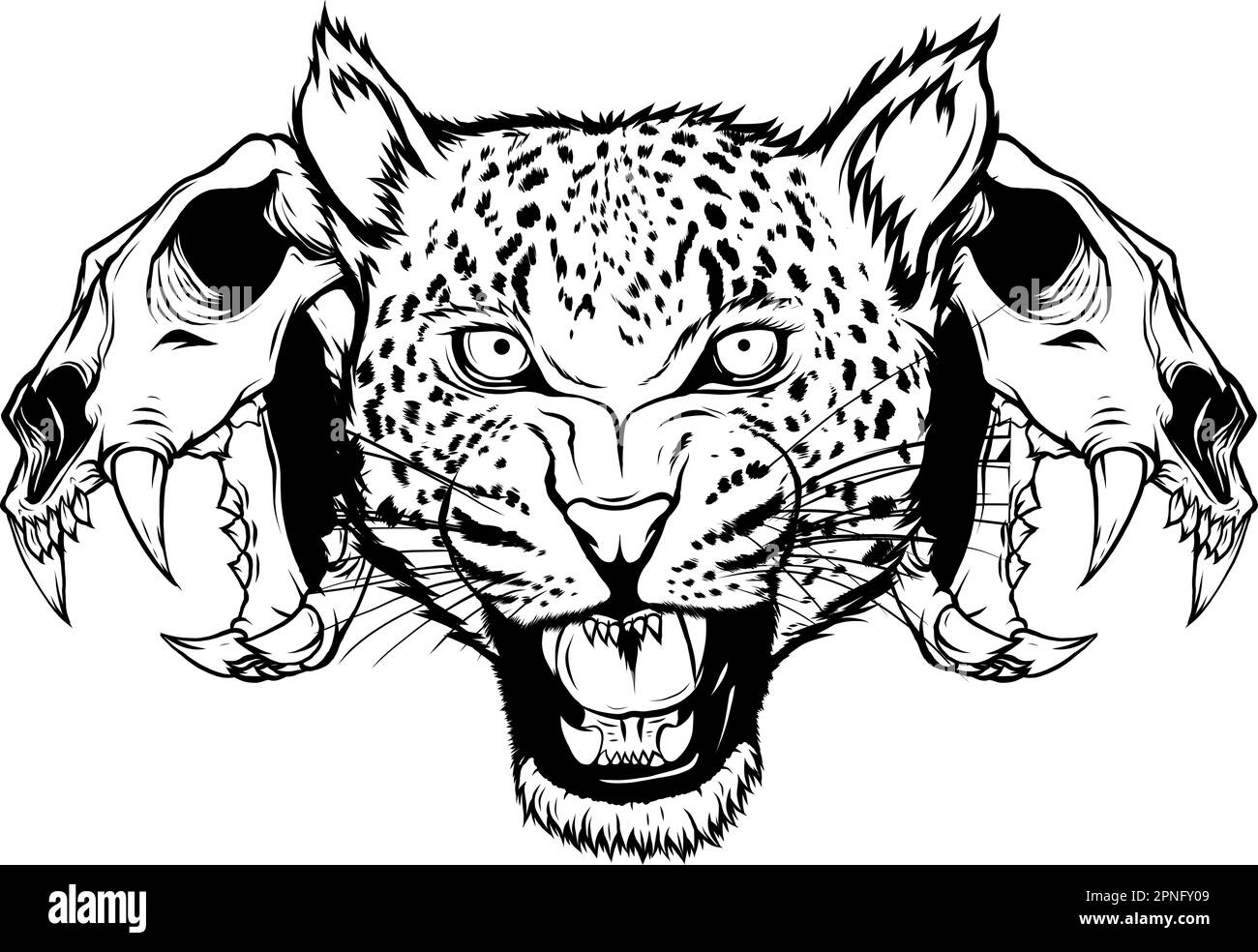 Jaguar head front view vector illustration in vintage detailed ...