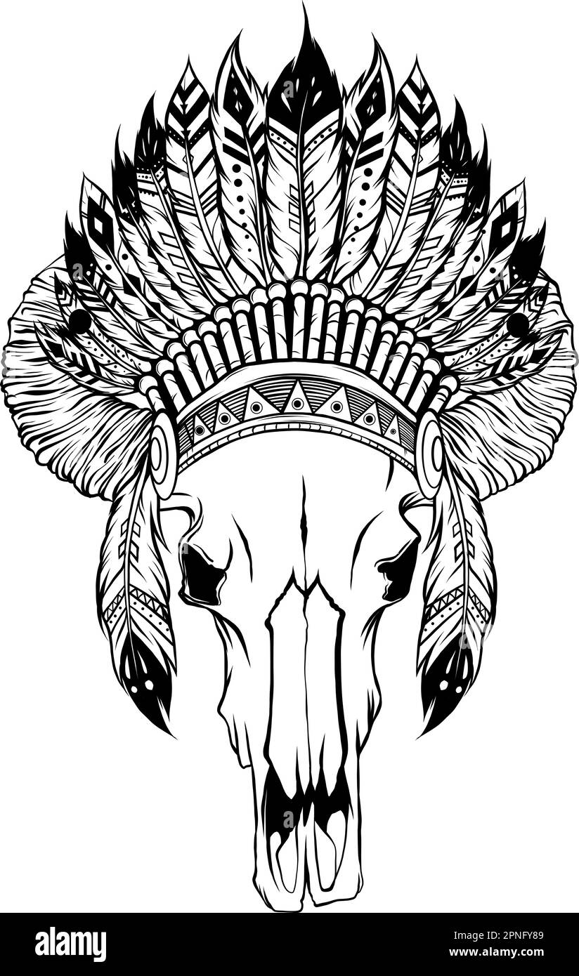 vector illustration of Native american bull skull with feathers Stock ...