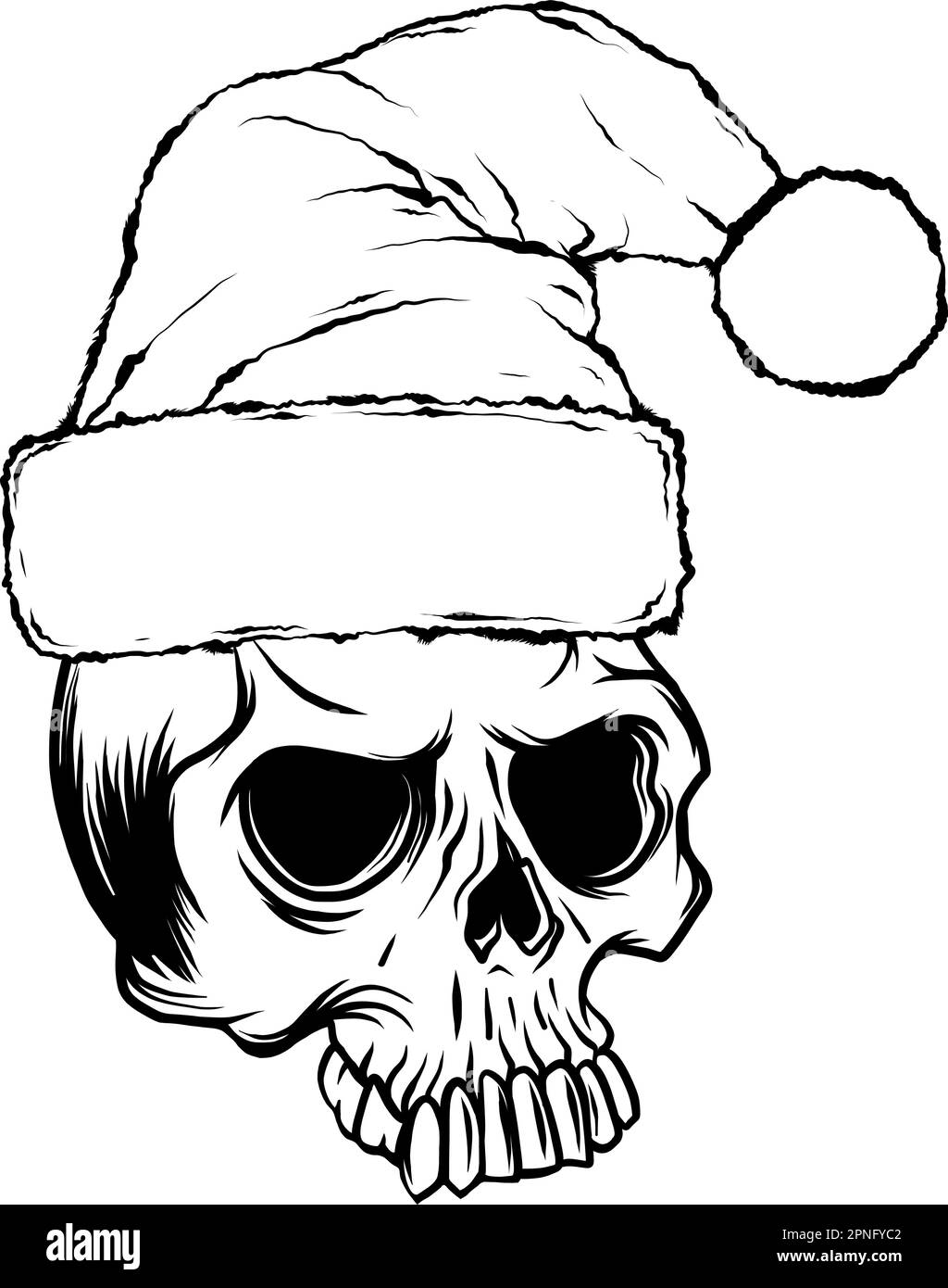 monochrome outline drawing of a horror santa claus skull with hat ...