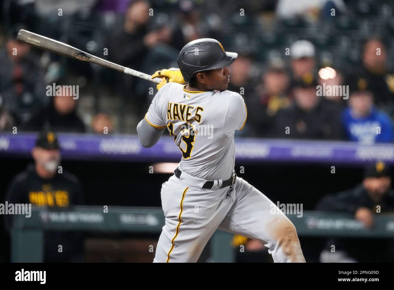 Pittsburgh Pirates' Ke'Bryan Hayes follows through on a single off ...