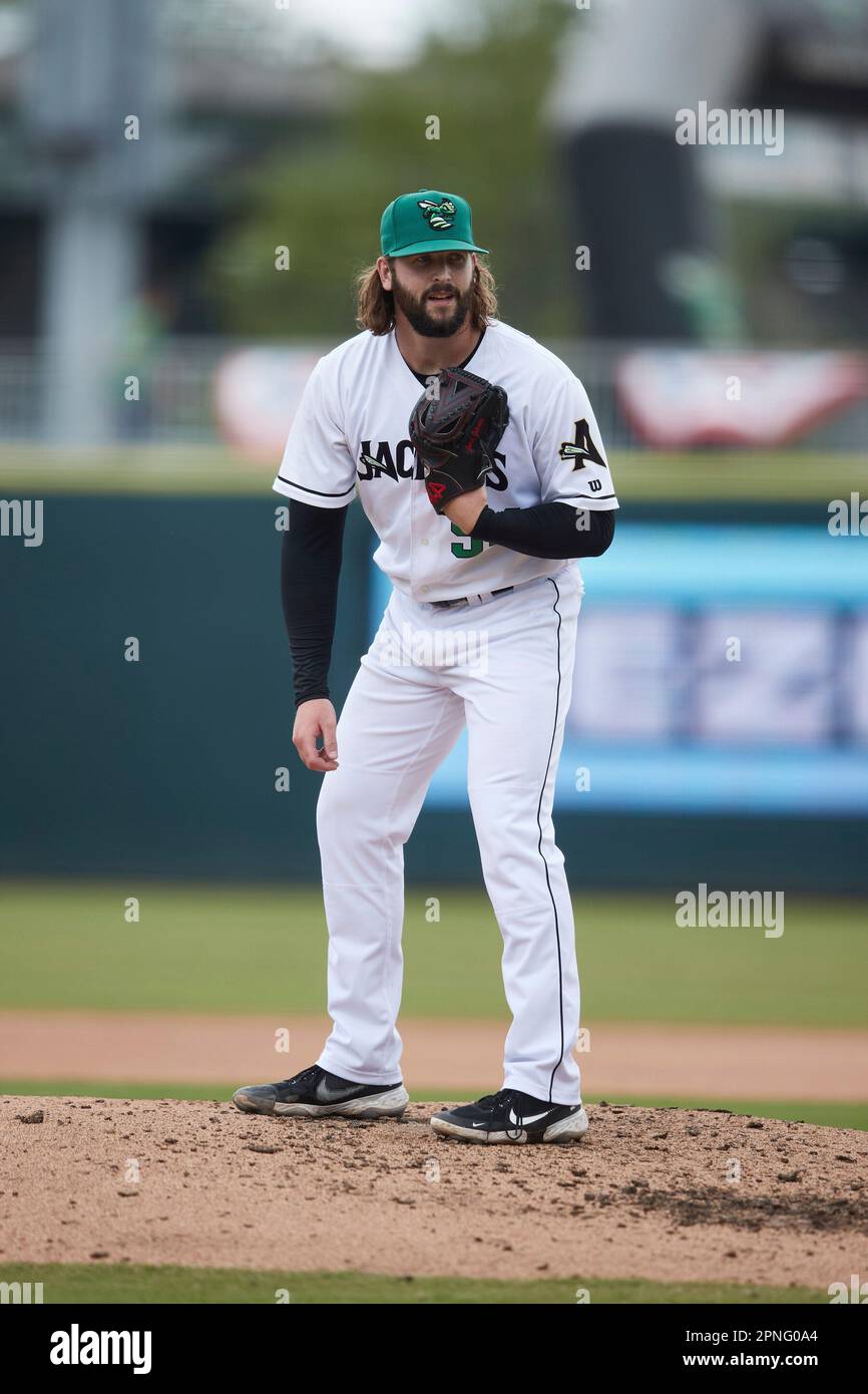 Augusta GreenJackets relief pitcher Jared Johnson (54) looks to his ...