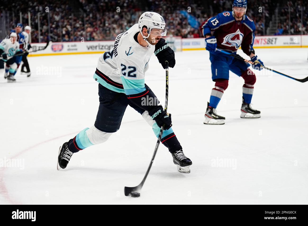 Seattle Kraken right wing Oliver Bjorkstrand (22) shoots against the ...