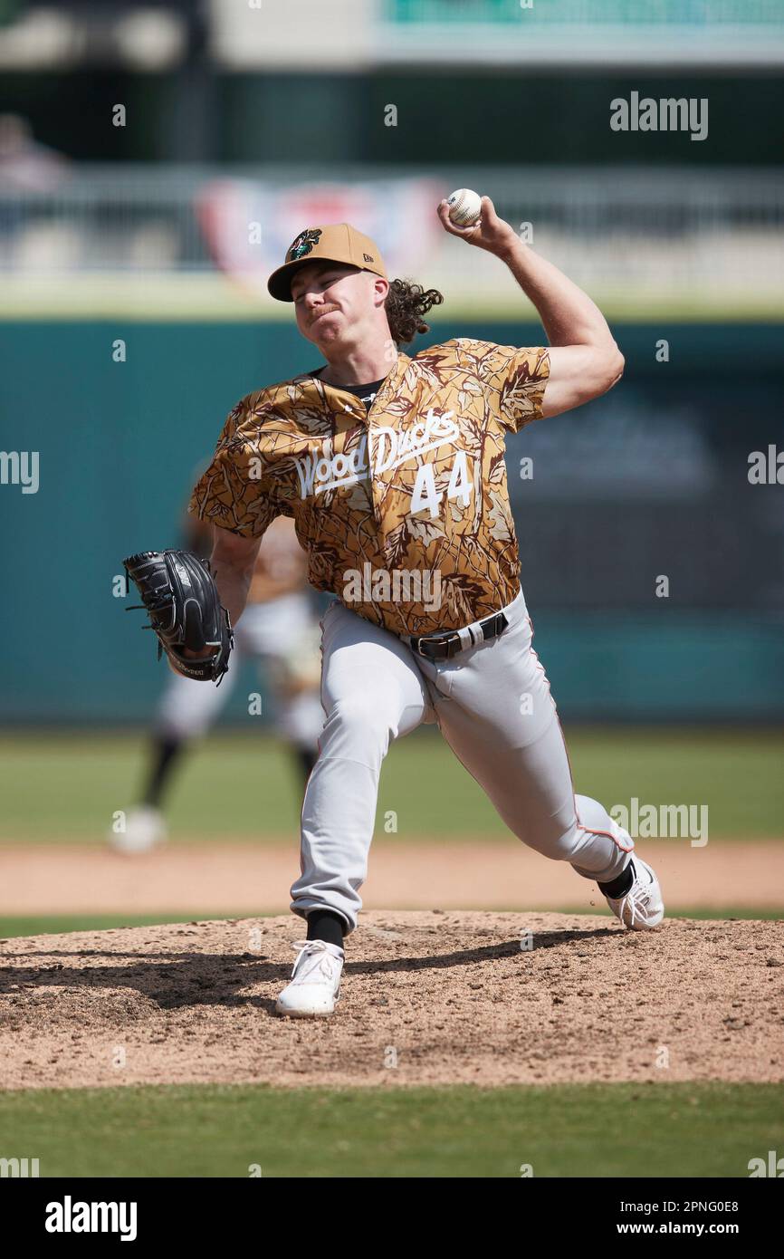 Down East Wood Ducks relief pitcher Seth Clark (44) in action against ...