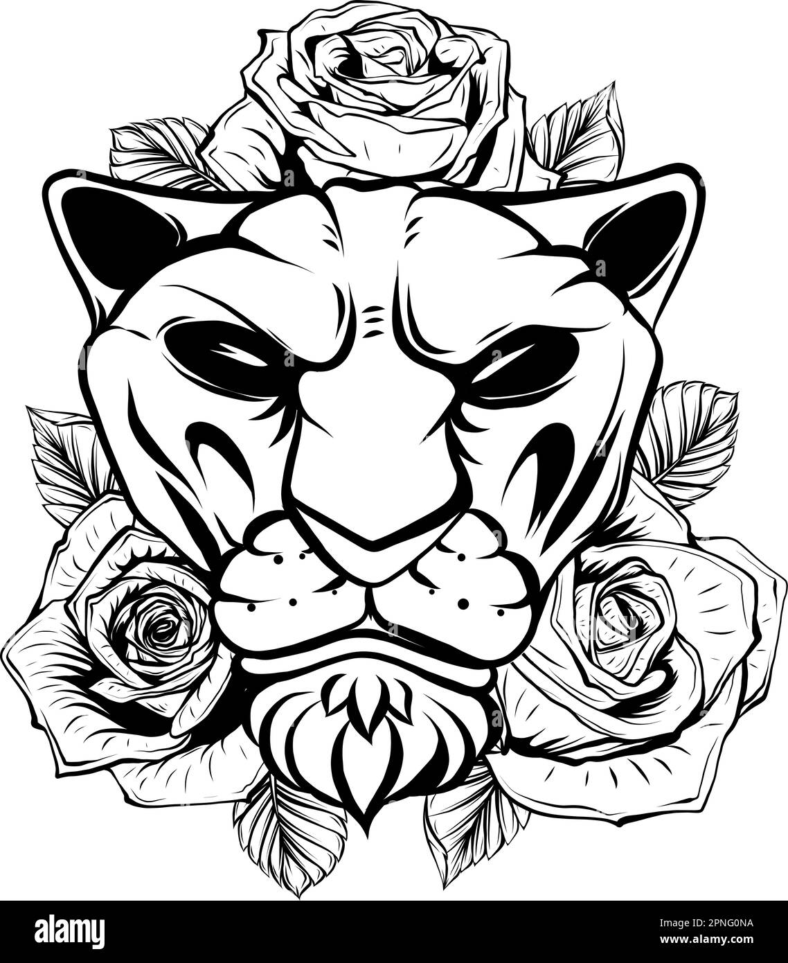 vector illustration of monochrome lion with rose on white background ...