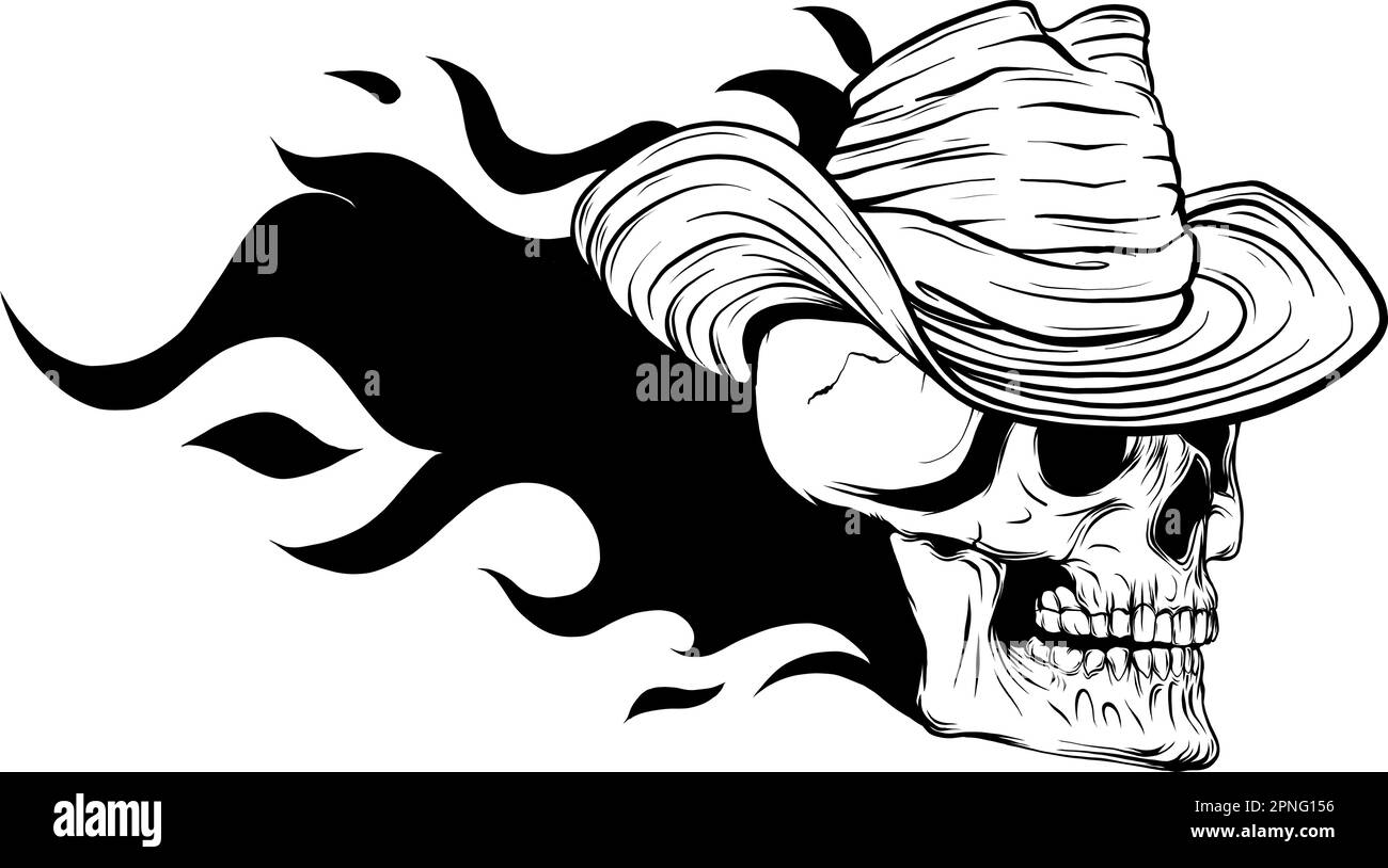Skull on Fire with Flames Vector Illustration. black and white fire ...