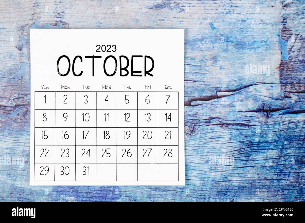 October 2023 Monthly calendar for 2023 year on old blue wooden ...