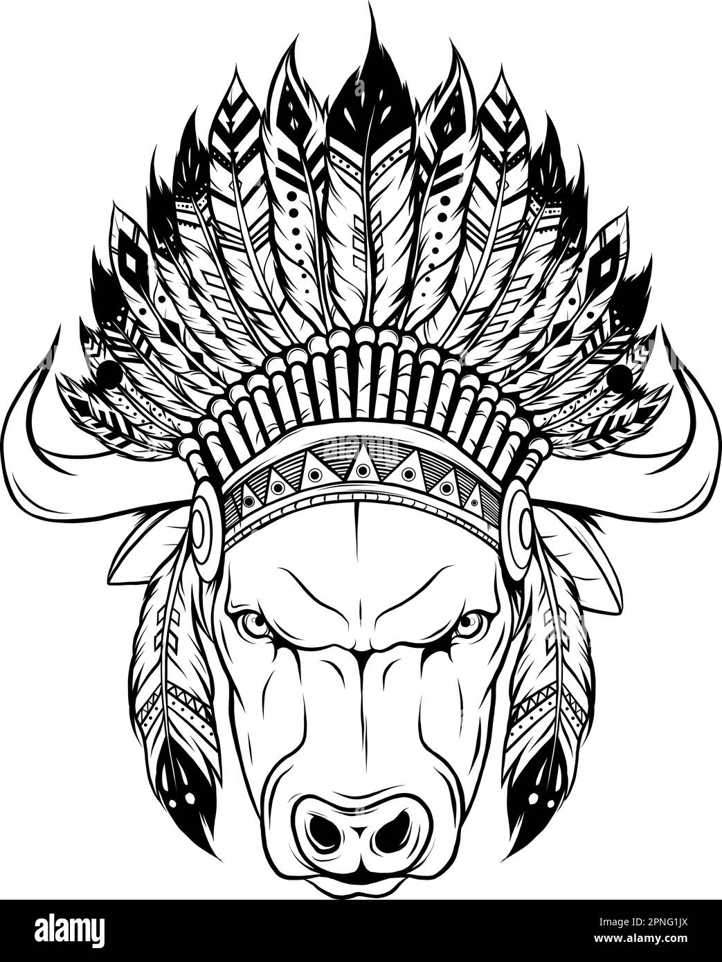 Vector illustration of Monochrome Bison with feathers Stock Vector ...