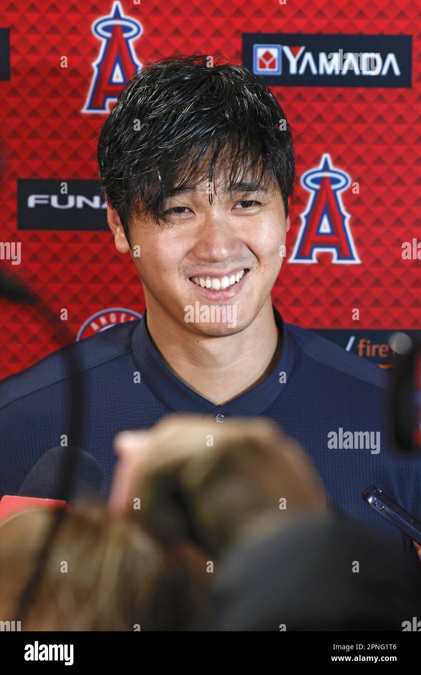 New York, April 18, 2023. The Los Angeles Angels' Shohei Ohtani speaks ...