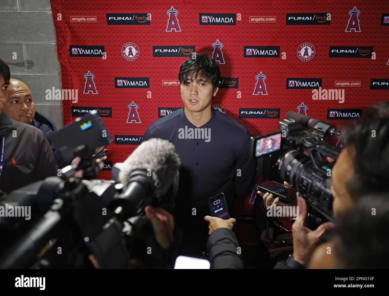 New York, April 18, 2023. The Los Angeles Angels' Shohei Ohtani speaks ...