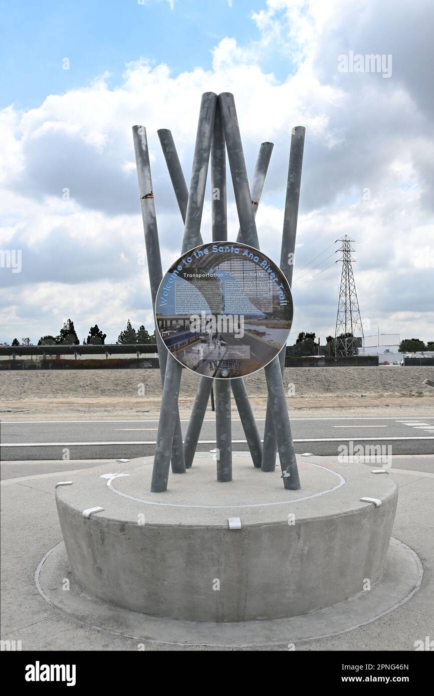 ANAHEIM, CALIFORNIA - 18 APR 2023: Sign marking the Santa Ana River ...