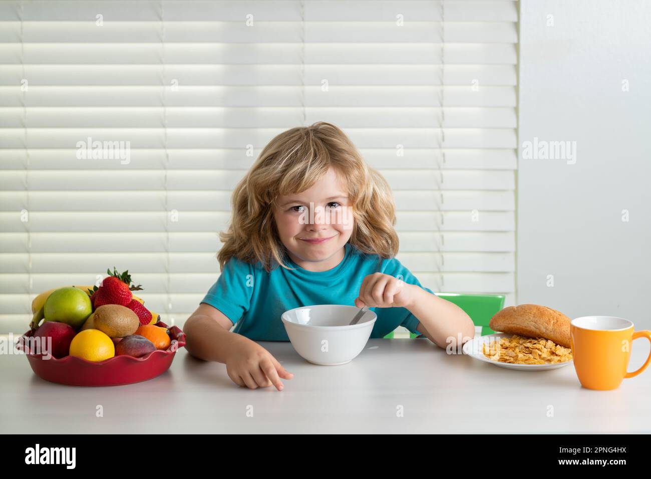 Kid bot eating meal. Healthy nutrition for children. Child enjoy eating ...