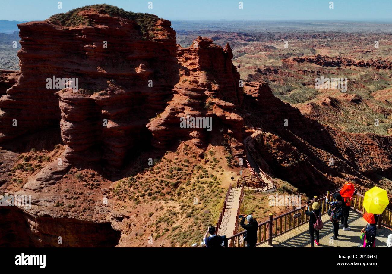 ZHANGYE, CHINA - APRIL 18, 2023 - Tourists enjoy the wonders of the Pingshan Lake Grand Canyon ...