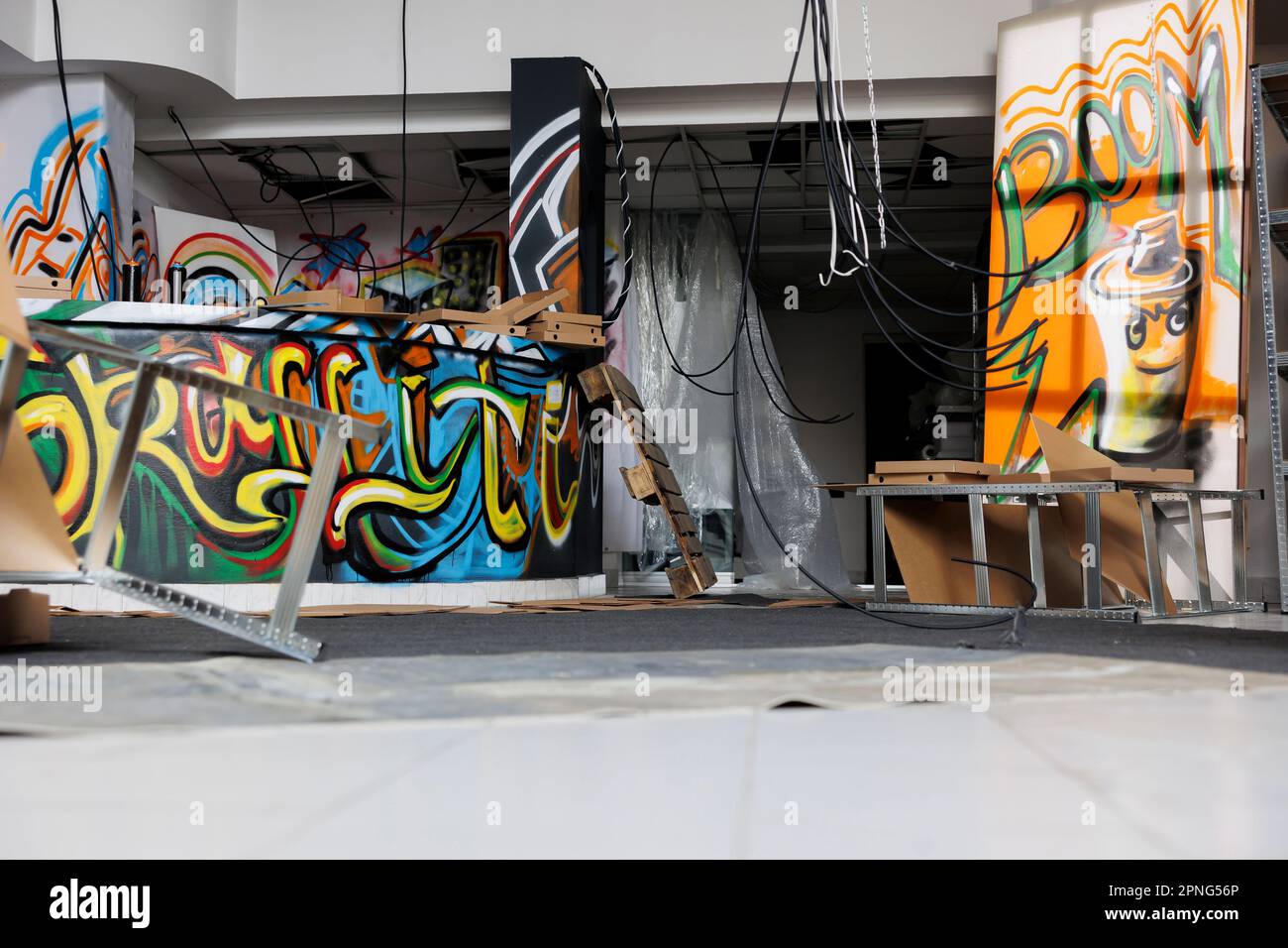 Demolished old dirty warehouse showing signs of ruin, destroyed walls ...