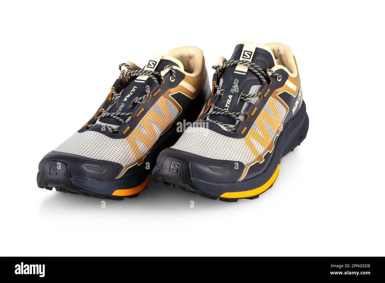 Pair Salomon GTX mountain running shoes on white background Stock Photo ...