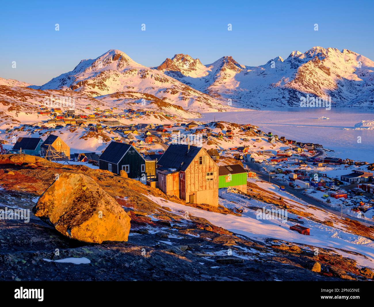 Tasiilaq, Ammassalik Island, above the frozen Kong Oskar Fjord at ...