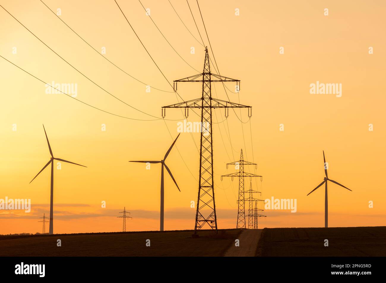 Wind farm, wind turbine, wind turbines, high-voltage pylons, overhead ...