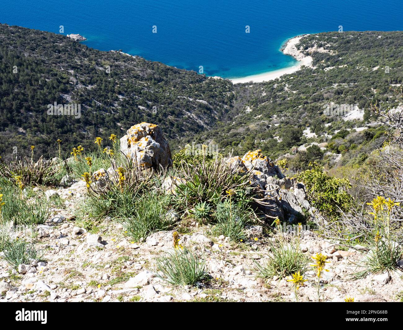 View of the blue sea and the sandy beach, Lubenice, Island of Cres ...