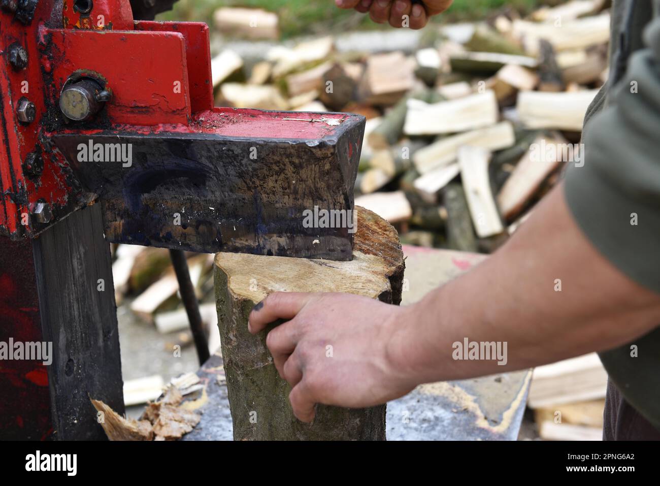 Worker making firewood with a log splitter, Germany Stock Photo - Alamy