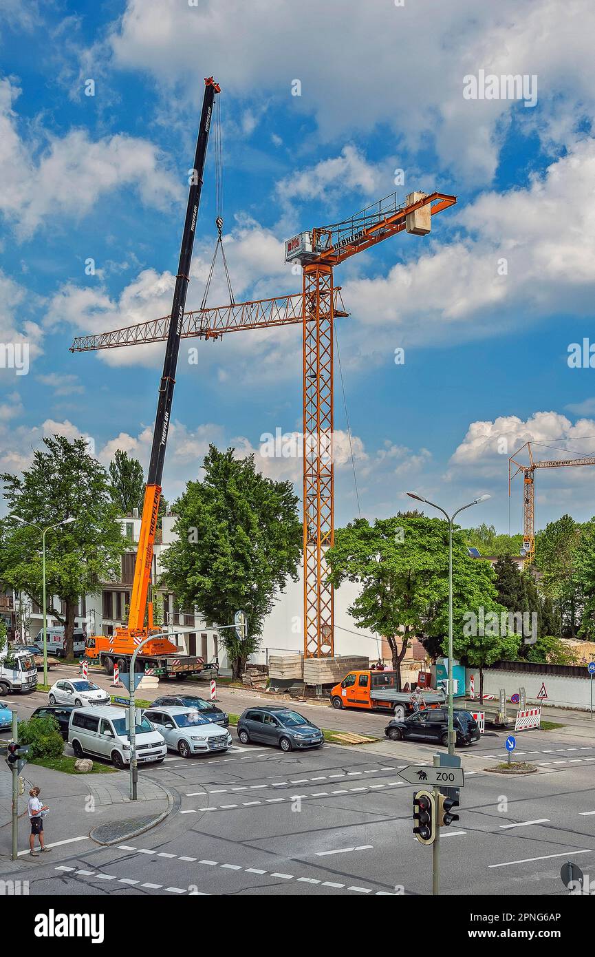 A construction crane is erected with a truck-mounted crane, Harlaching ...