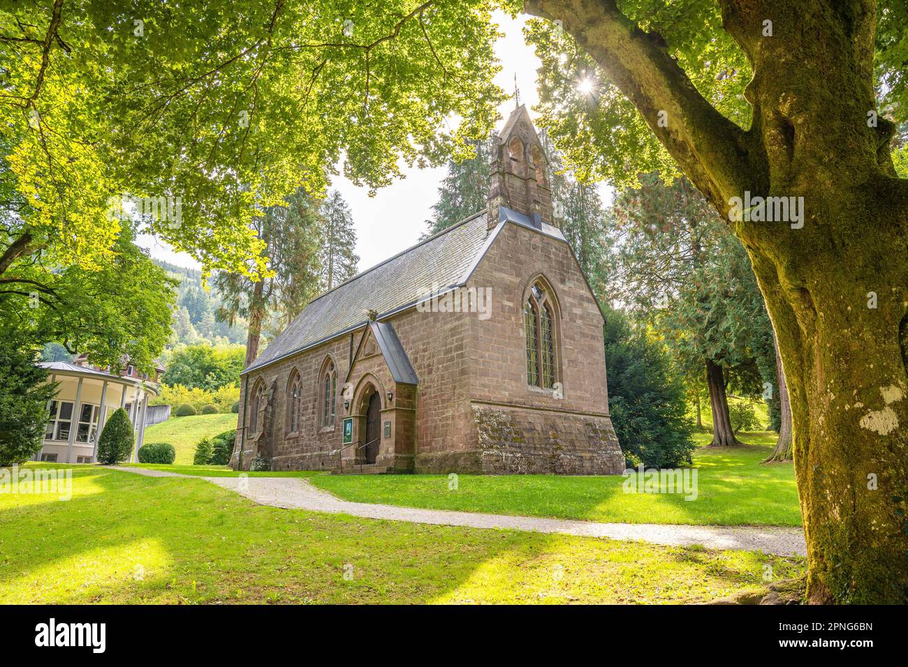 English church in the sunshine, spa garden, Bad Wildbad, Black Forest ...