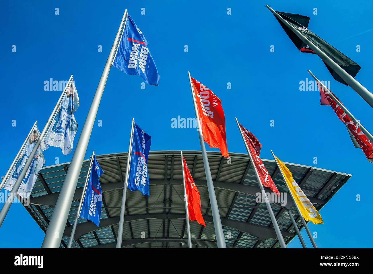 New Munich Trade Fair Centre, flags at the main entrance West, Munich ...