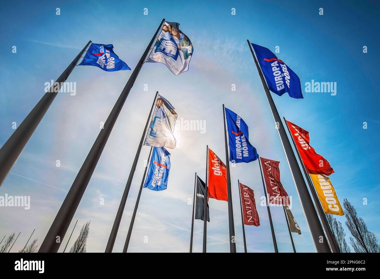 New Munich Trade Fair Centre, flags at the main entrance West, Munich ...