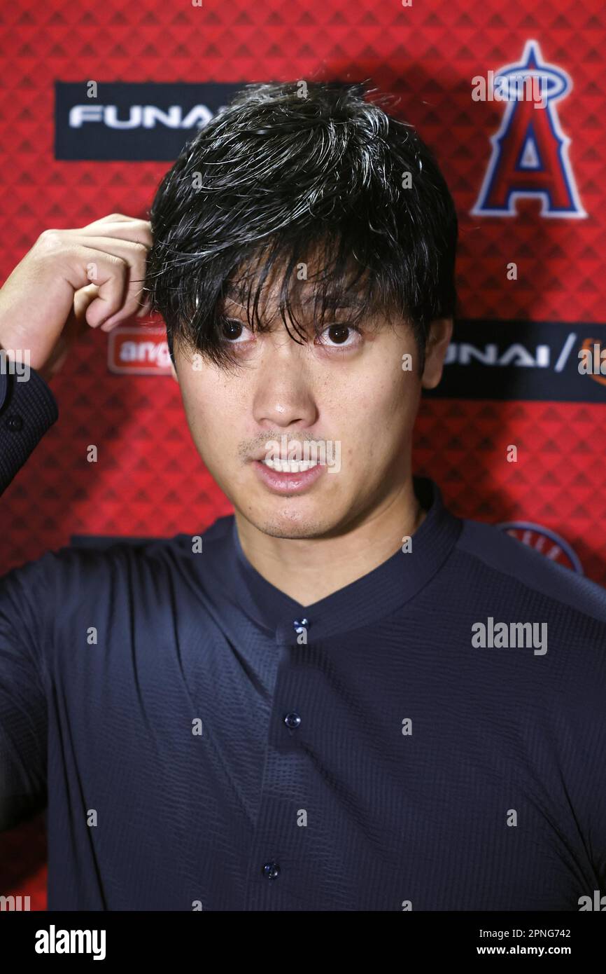 New York, April 18, 2023. The Los Angeles Angels' Shohei Ohtani speaks ...