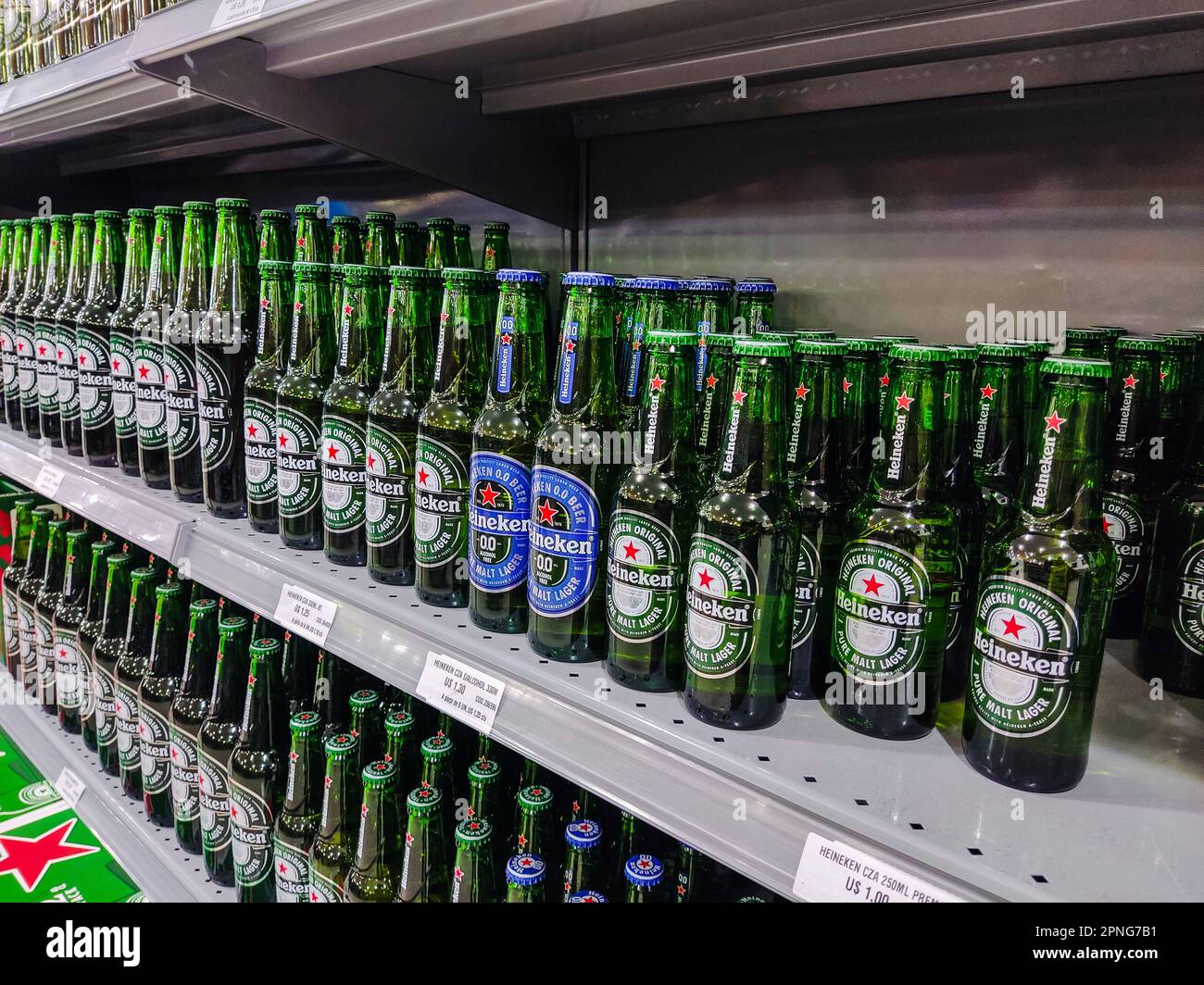 Pedro Juan Caballero, Paraguay. 18th Apr, 2023. Bottles of Heineken ...