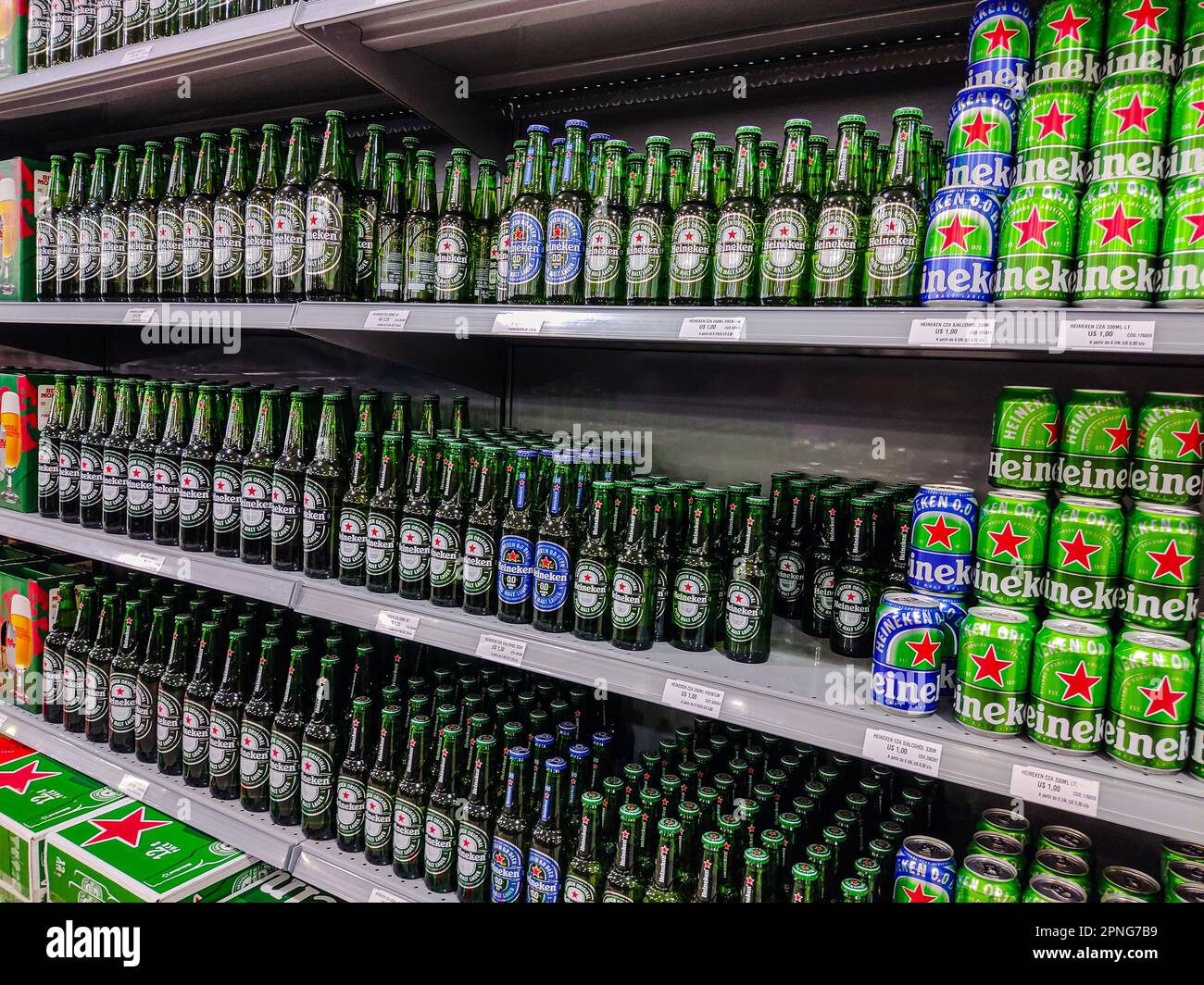 Pedro Juan Caballero, Paraguay. 18th Apr, 2023. Bottles of Heineken ...