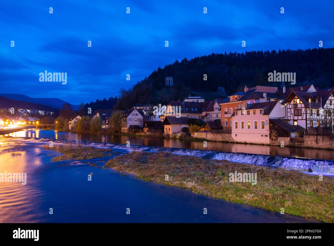 Houses on the Murg, stream, blue hour, historic old town ...