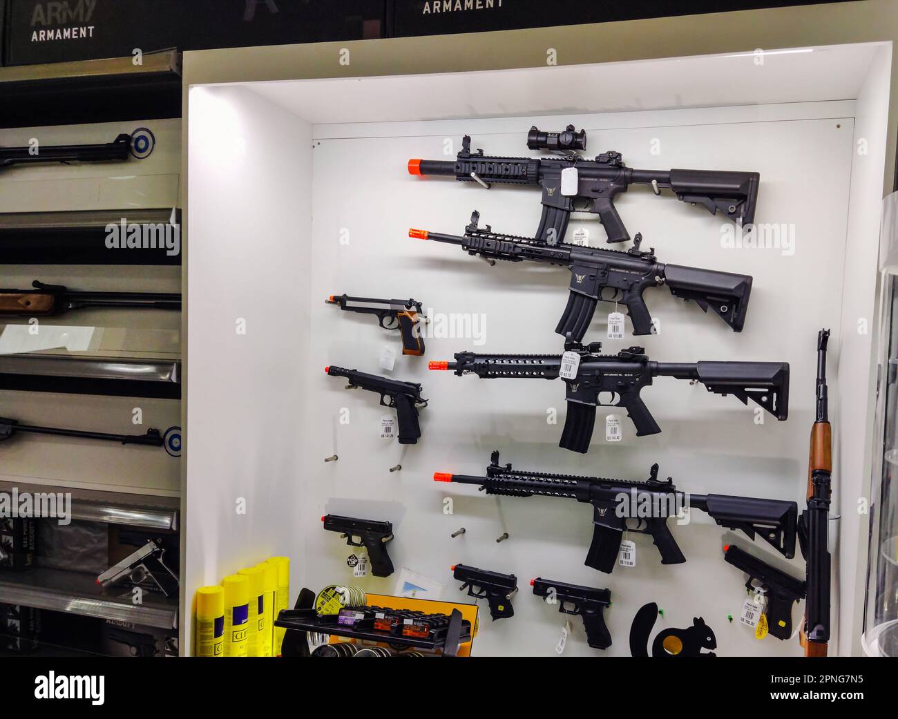 Pedro Juan Caballero, Paraguay. 18th Apr, 2023. Airsoft guns displayed ...