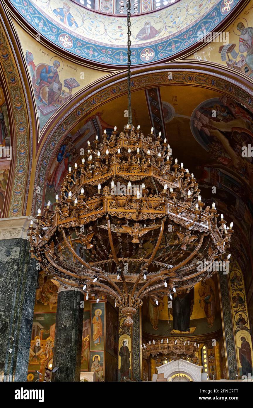 Church of Ieros Naos Panagia Dexias, chandelier, interior view, Agios Pavlos, Thessaloniki ...