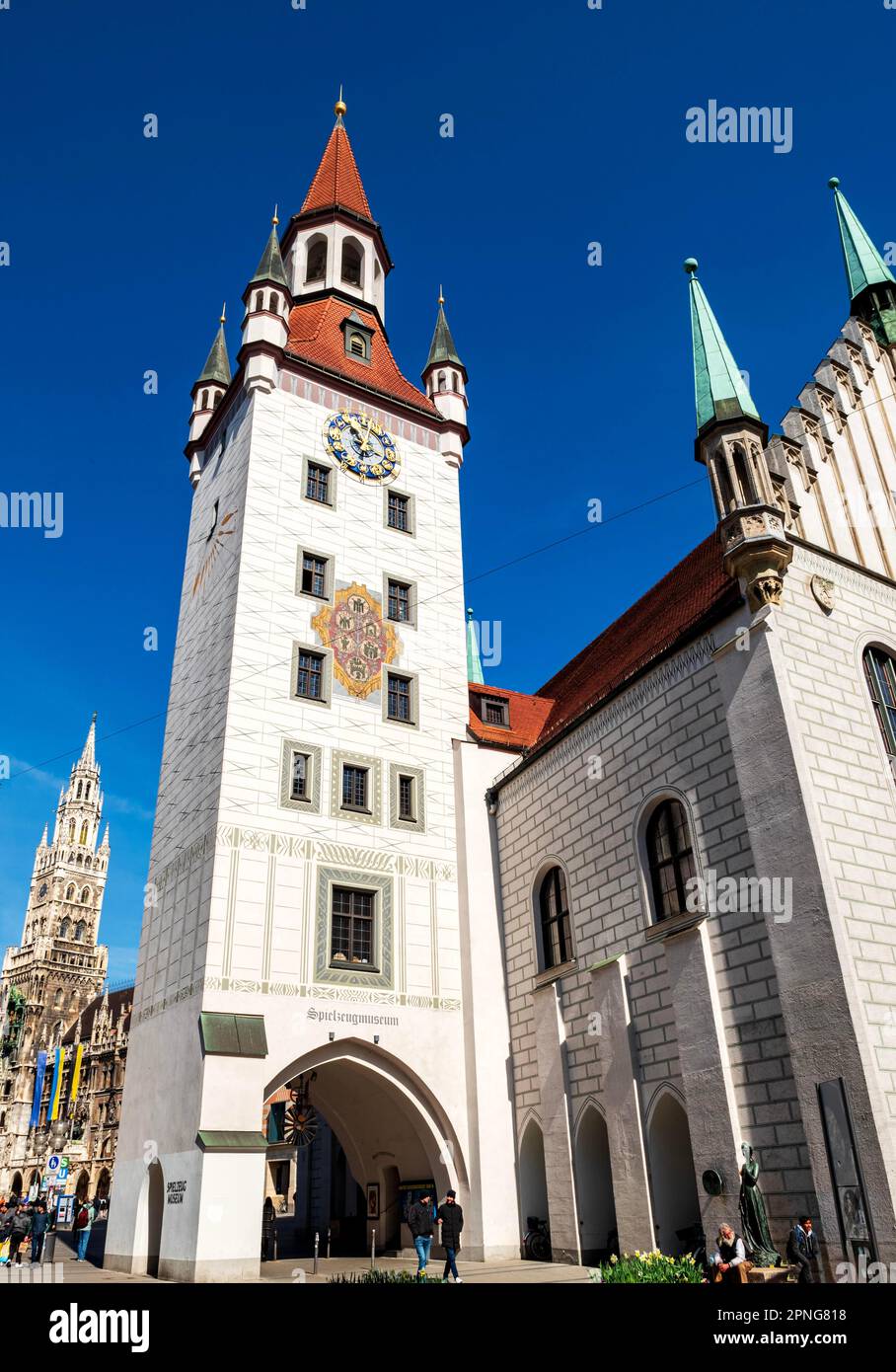 Tower of the Old Town Hall (front) and tower of the New Town Hall (back ...
