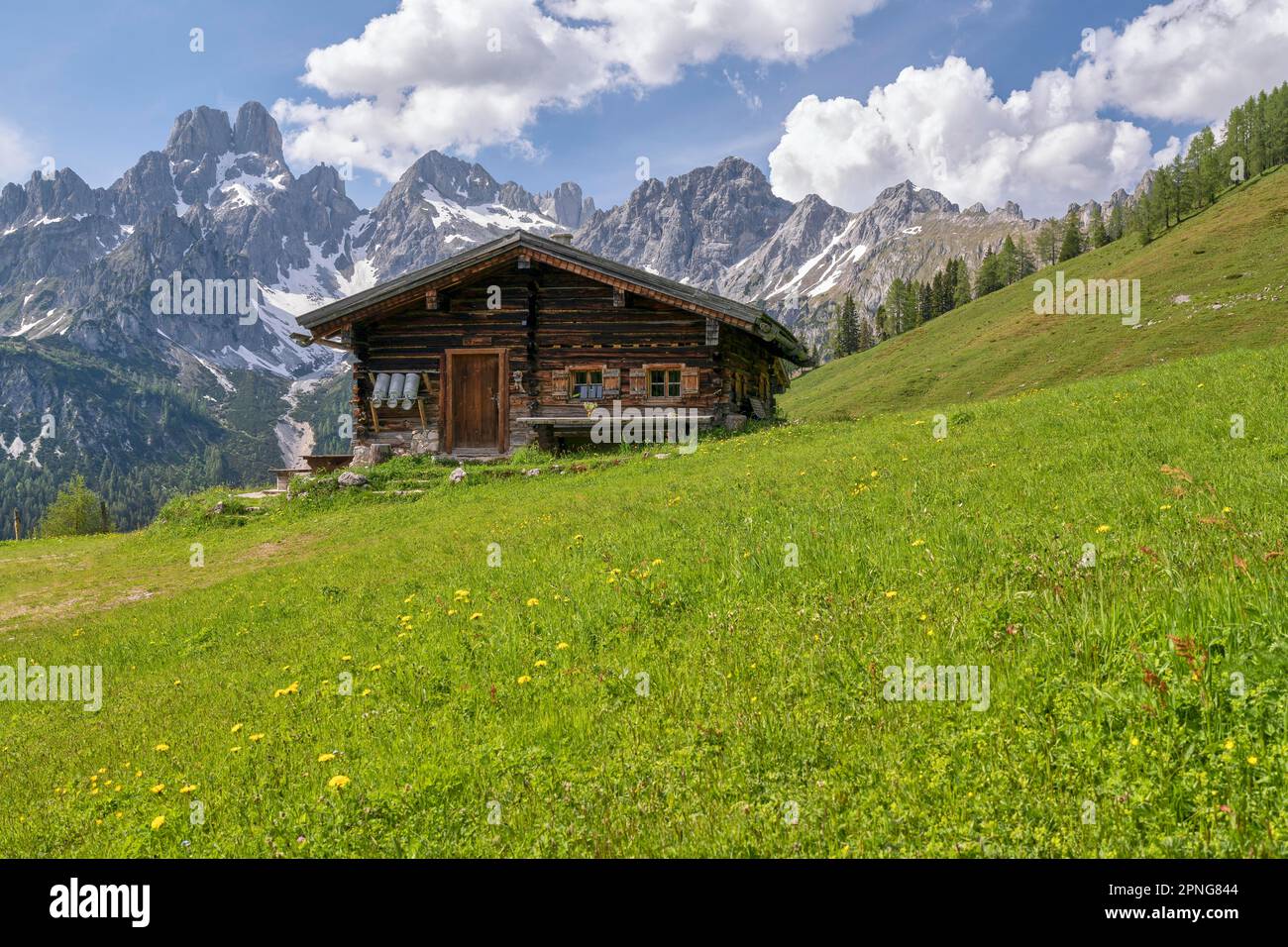 Alpine hut in front of the large Bischofsmuetze, Gosaukamm, Dachstein ...