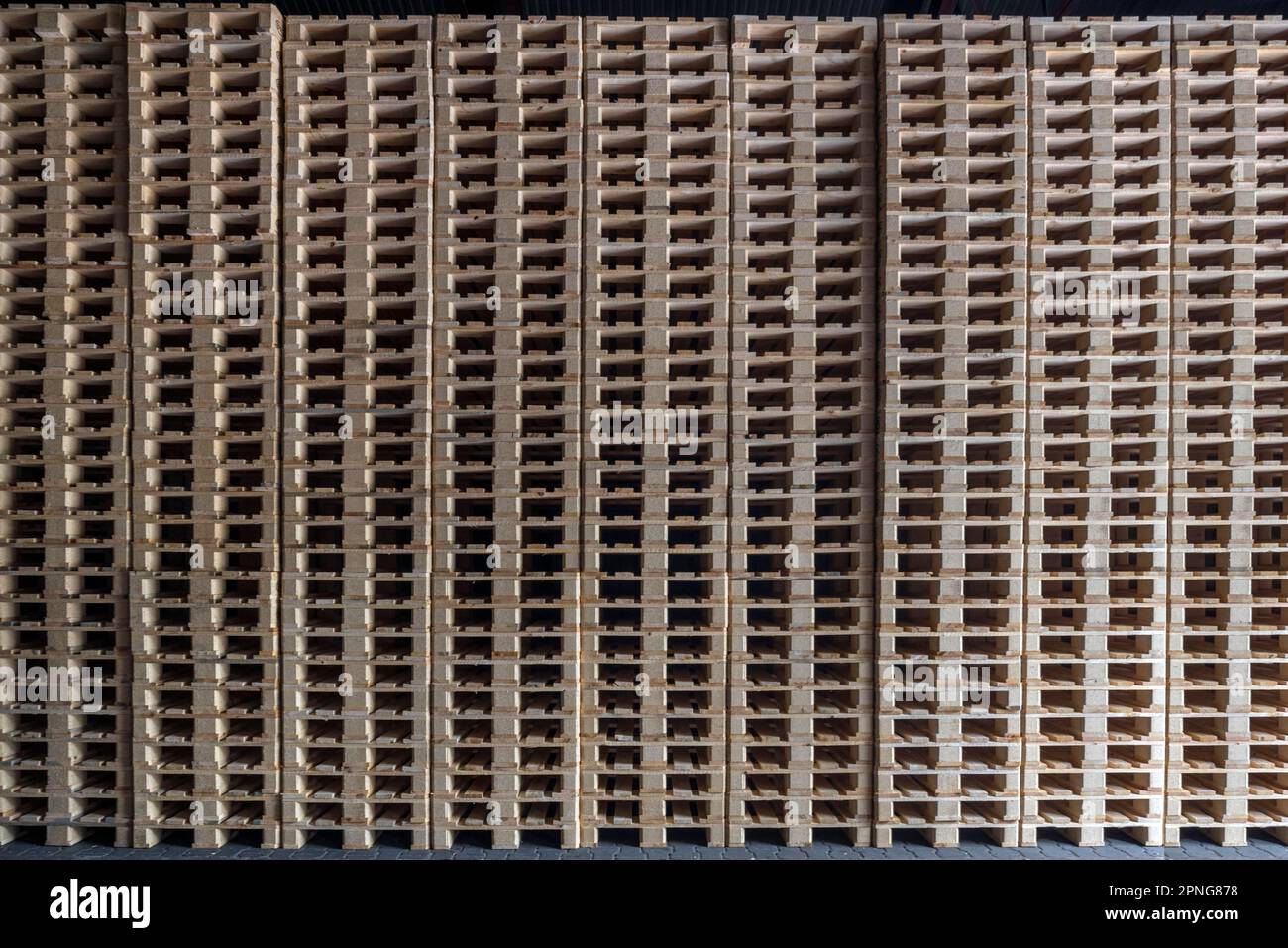 Stacked euro pallets in a former paper factory, Lost Place, Baden ...