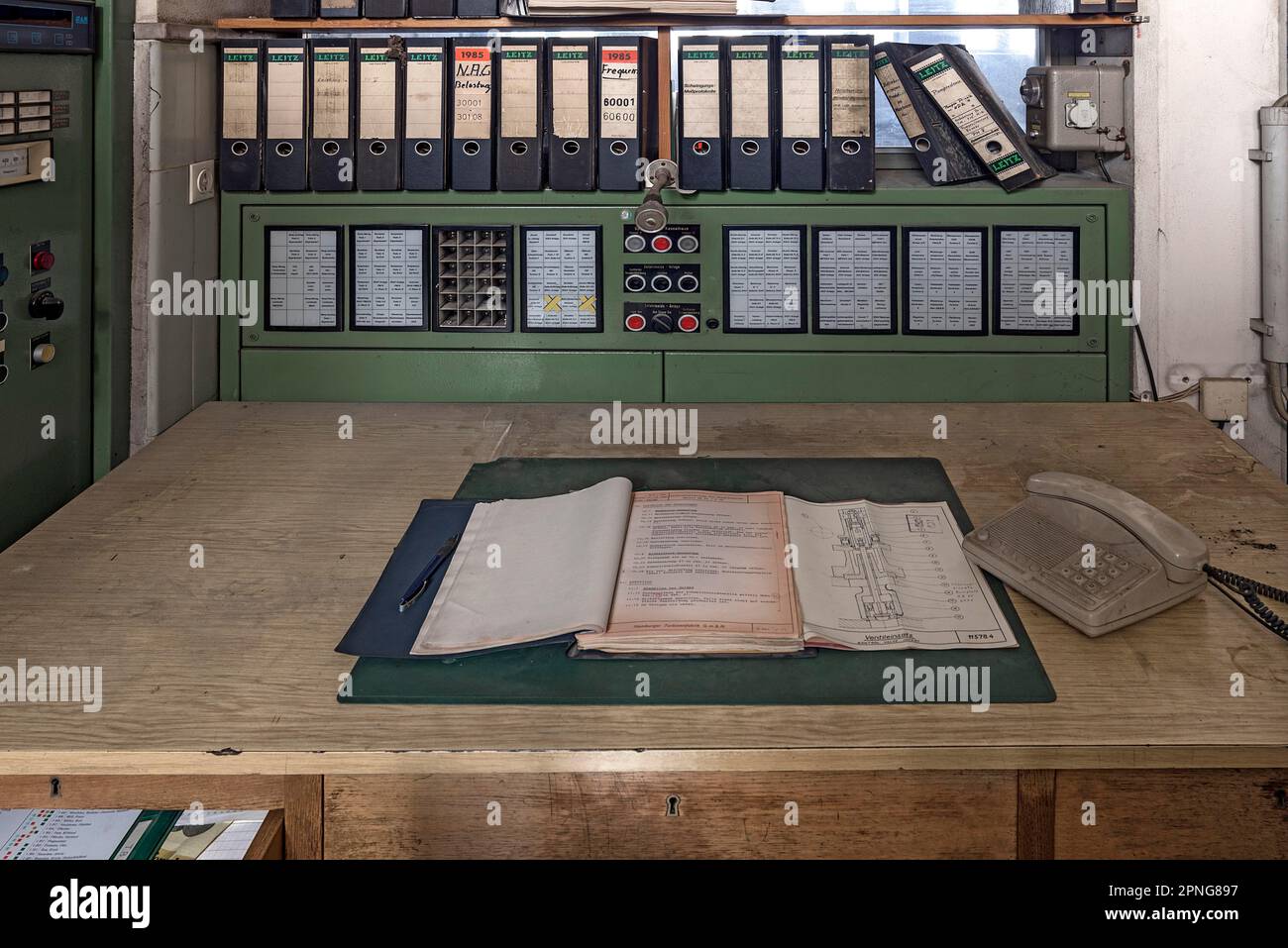 Work table with microphone in the control room of a former paper ...