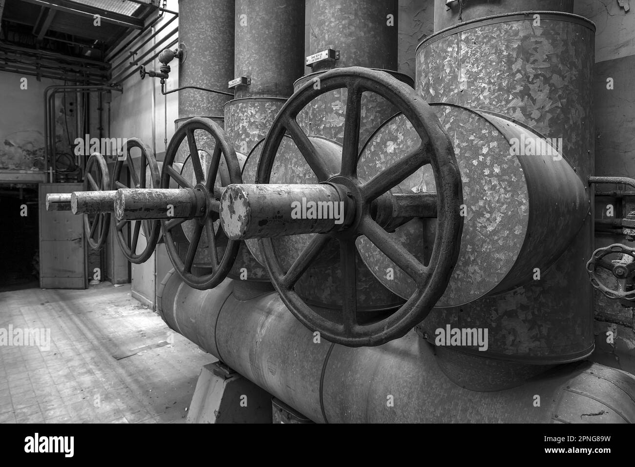 Large steam regulators of a former paper factory, Lost Place, Baden ...