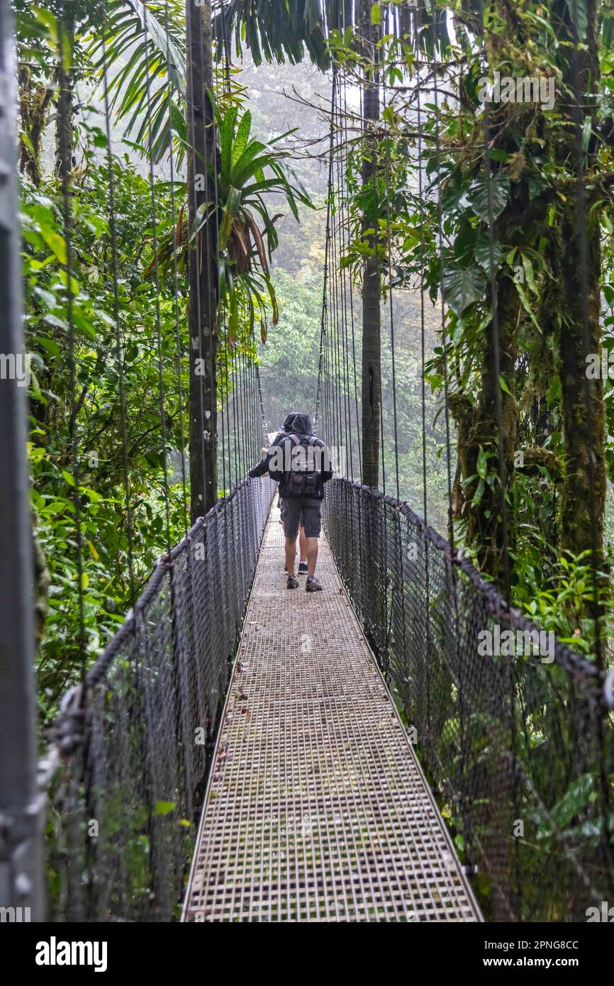 La Fortuna, Costa Rica, Tourists cross a suspension bridge in the rain ...