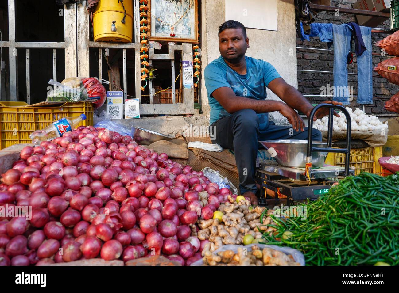 Street vegetable vendors with cashless payment logos in Paharganj, New Delhi, India Stock Photo ...
