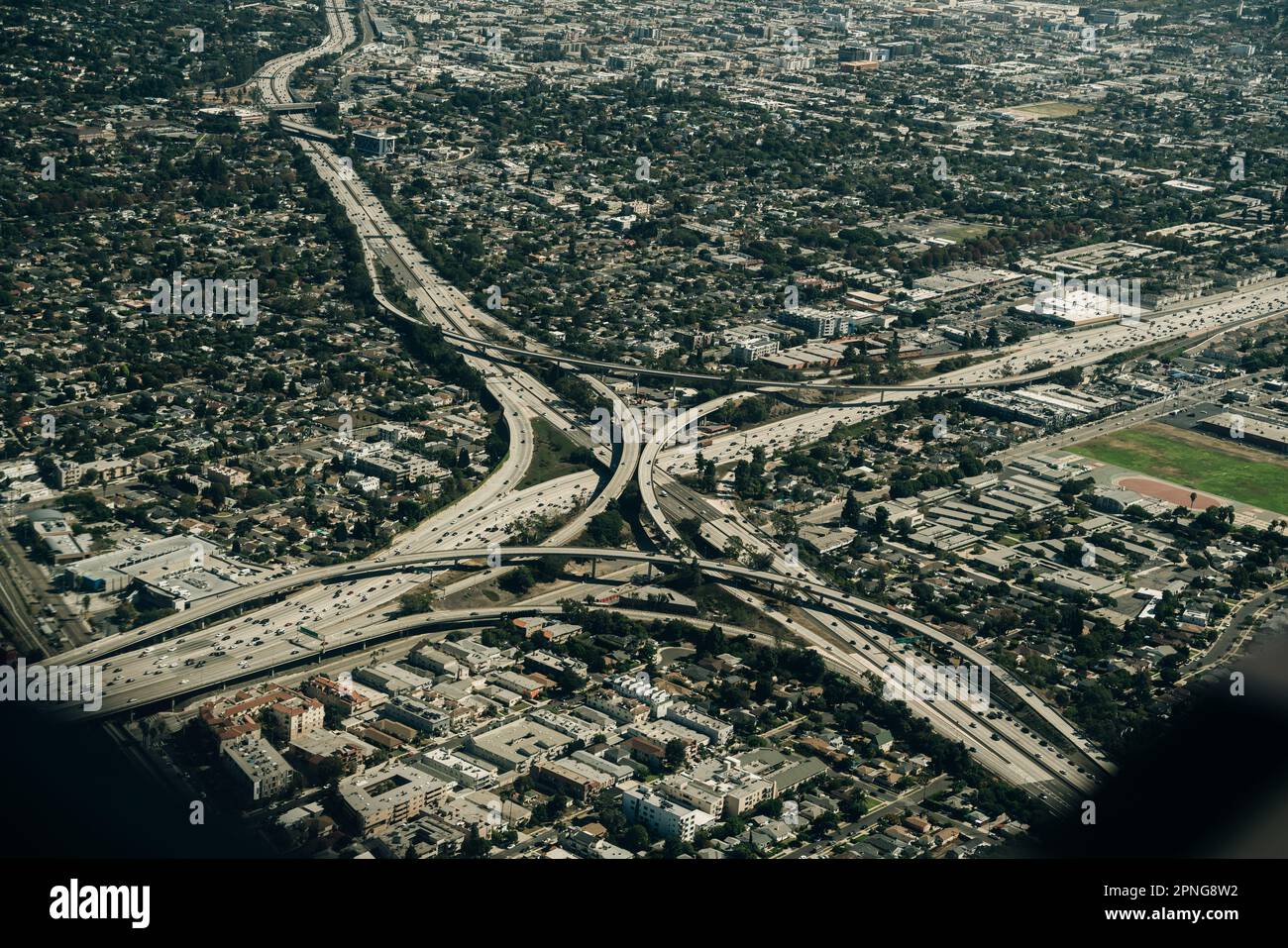 Aerial view of highway interchange with downtown city Los Angeles, USA ...