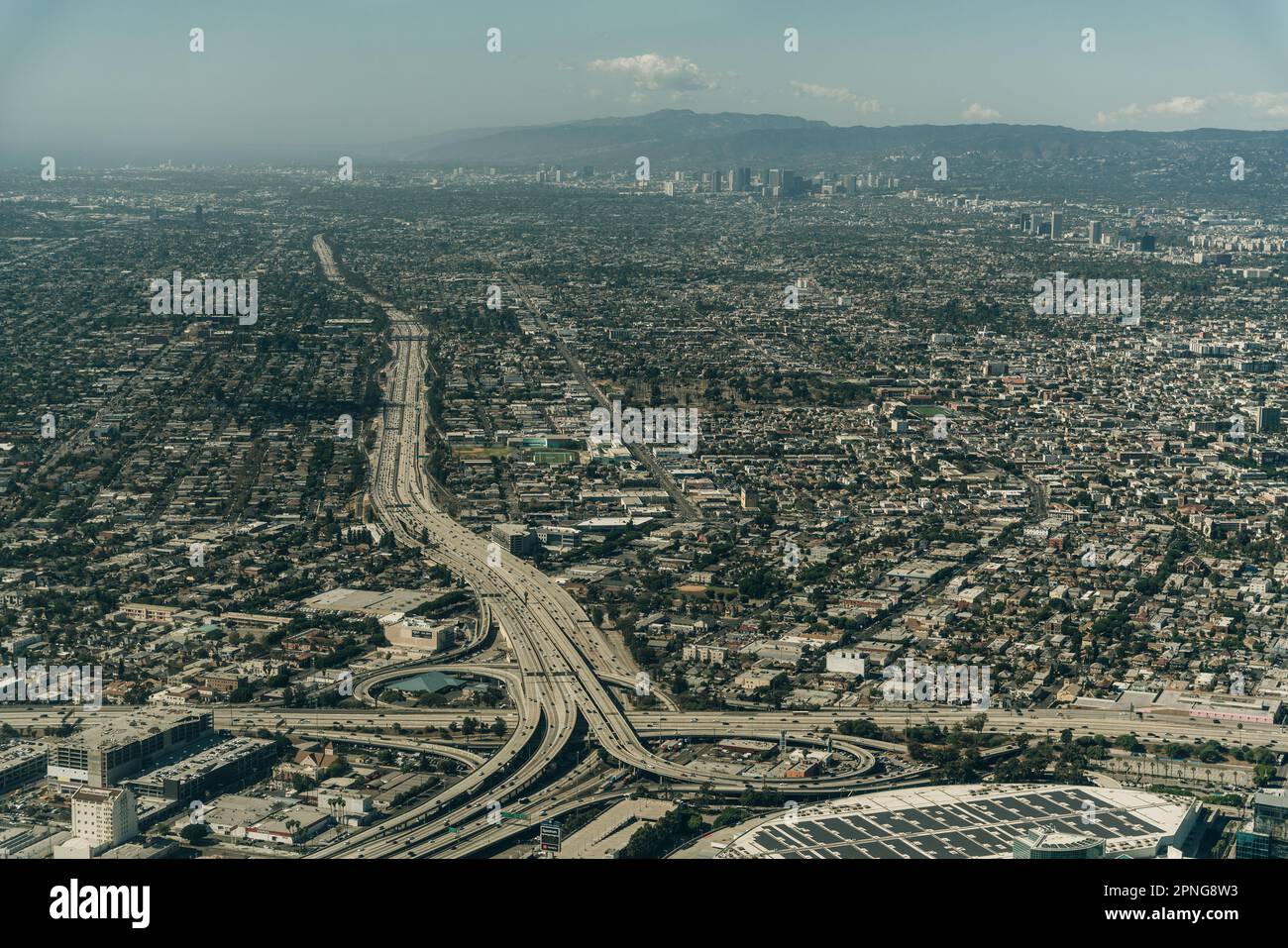 Aerial view of highway interchange with downtown city Los Angeles, USA ...