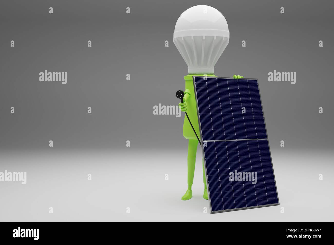 A light bulb with a Solar generator ready to plug in on a grey ...