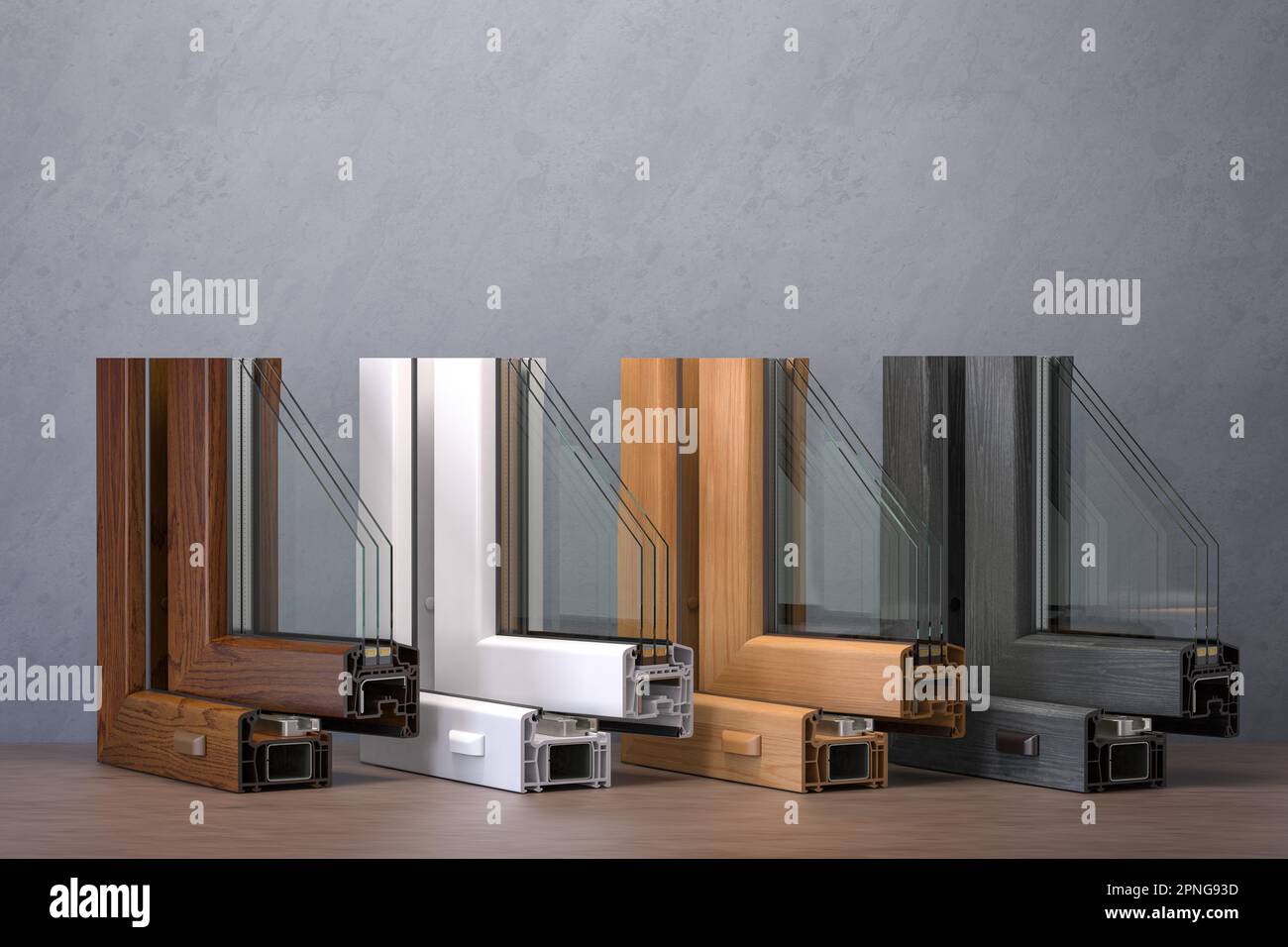 Samples of plastic window profiles PVC of different colors in section ...