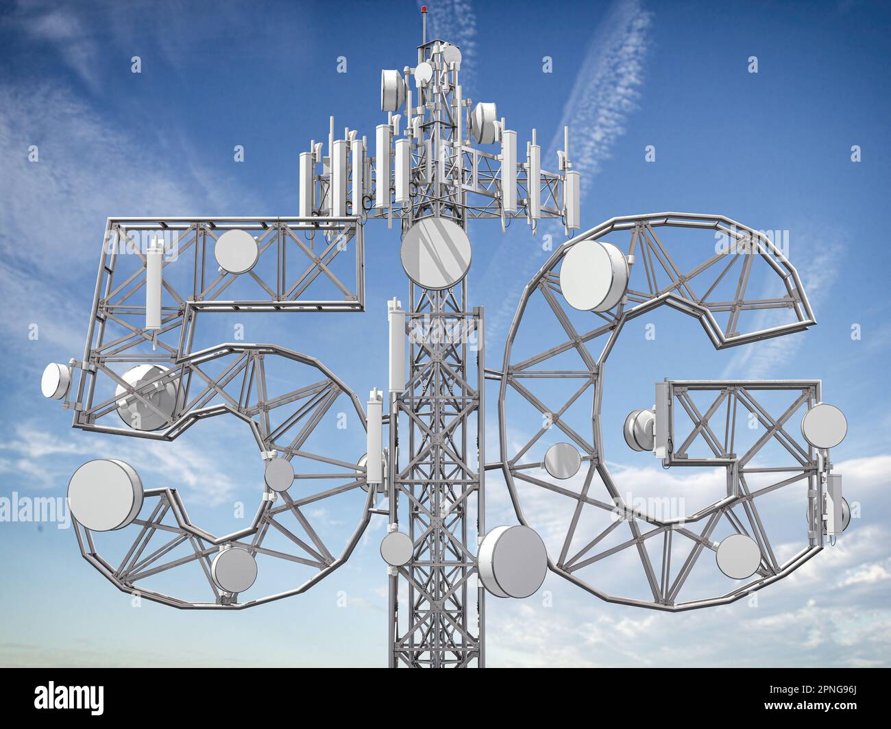 5G telecommunication tower. Antenna radio transmittors of cellular 5G ...