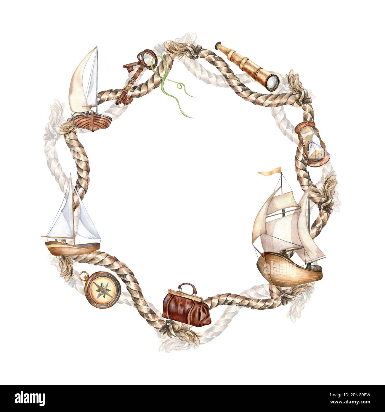 Circle frame of ship rope, sailboats watercolor illustration isolated ...