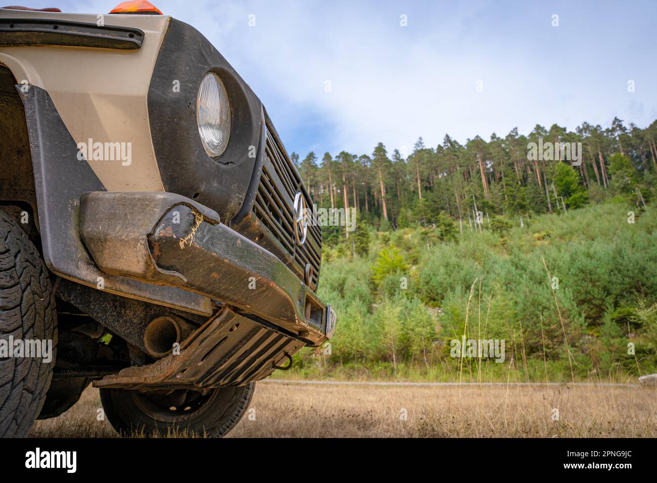 Front of a Mercedes off-road vehicle in front of the forest edge of the ...