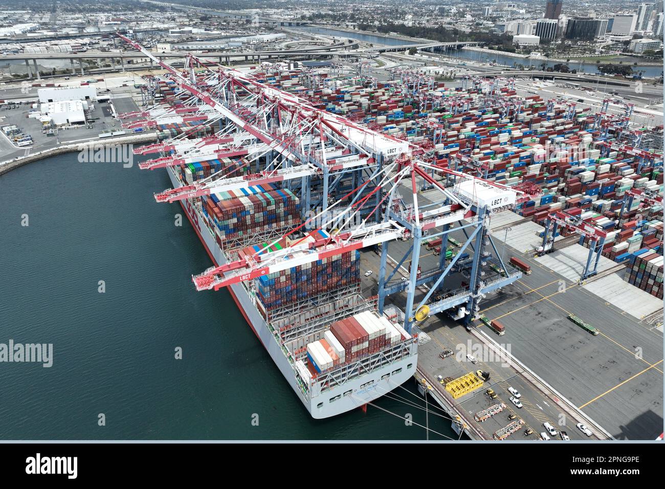 An aerial view of cargo containers at the Port of Long Beach, Monday ...
