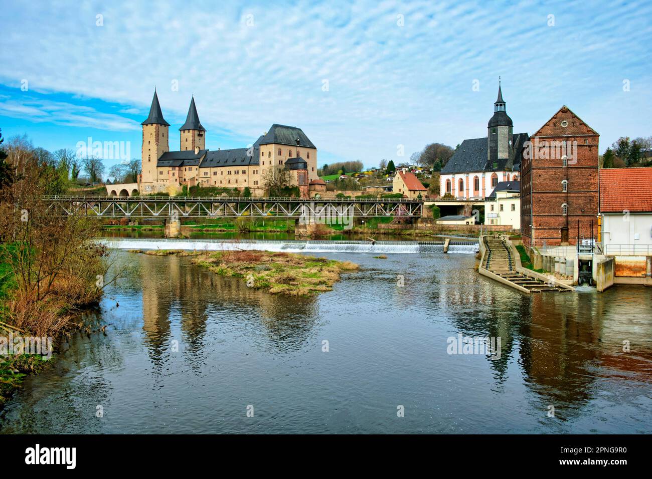 Rochlitz Castle with river Zwickauer Mulde, on the right Petri Church ...