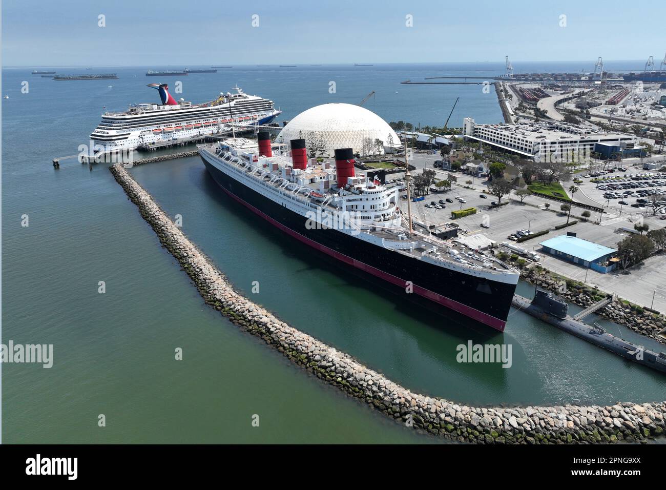 An aerial view of the Queen Mary and Spruce Goose Dome, Monday, April ...