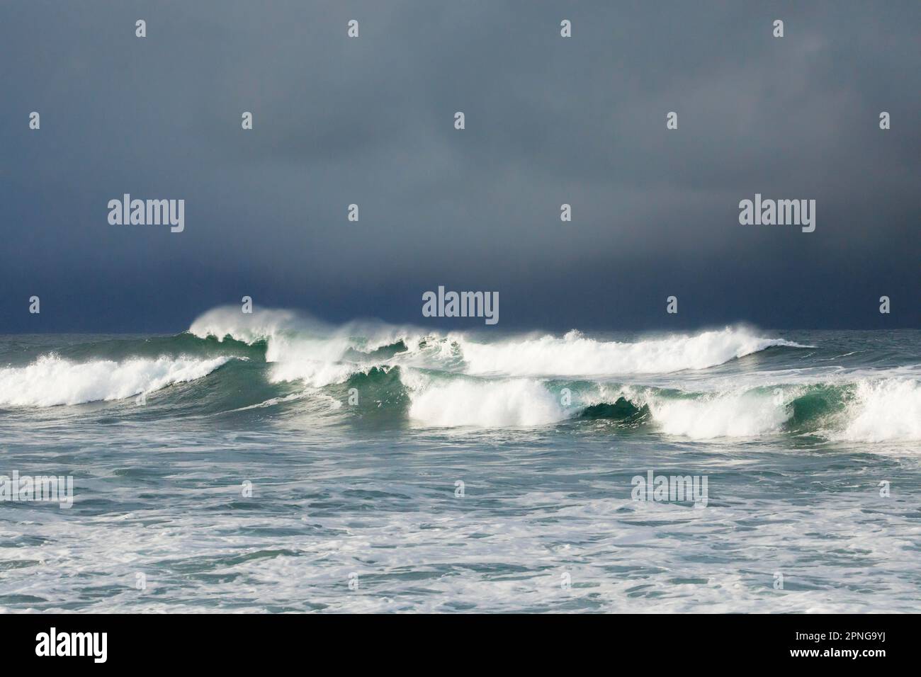 Stormy sea with strong swells on open sea, Breton coast near Brest ...